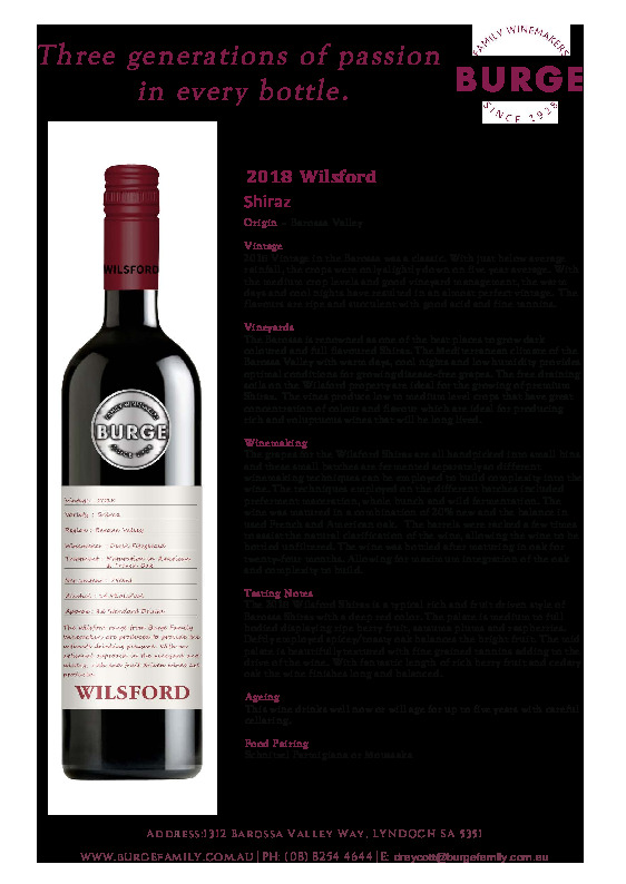 Burge Family Wilsford Shiraz 2018 - Burge Family Winemakers Burge ...